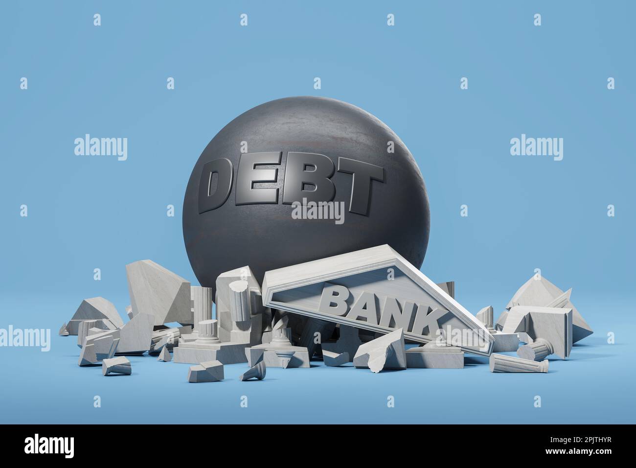 Large ball lettering DEBT ruined a bank, blue background. Financial ...