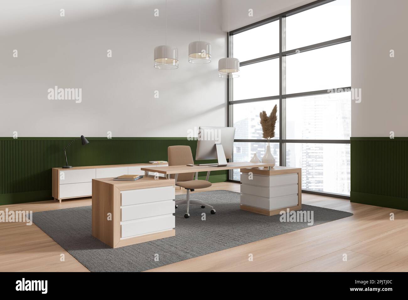 Stylish business interior with pc computer on work desk, side view ...