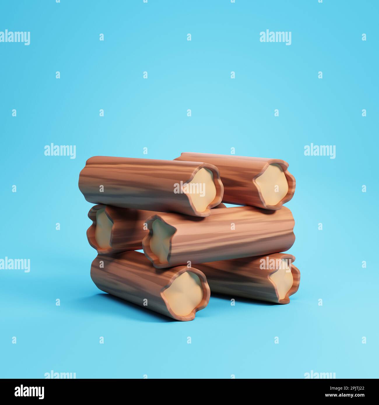 Stack of wooden tree logs on copy space empty blue background. Concept ...