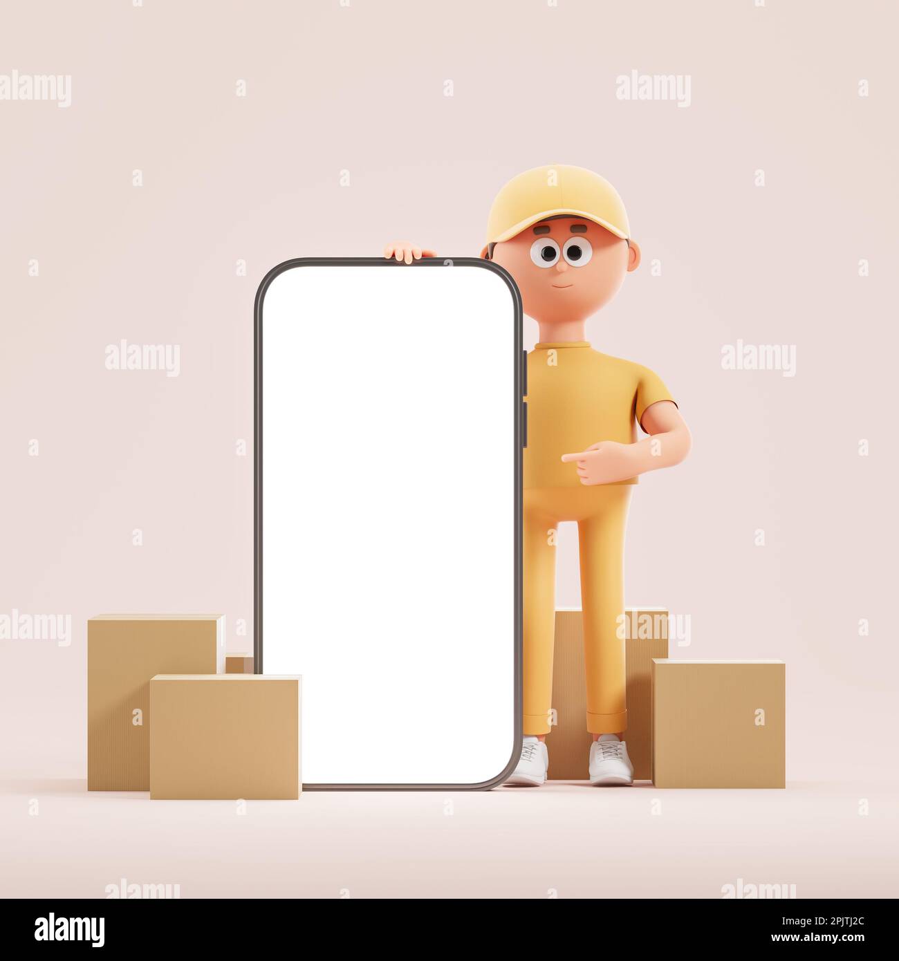 3d rendering. Cartoon character man courier finger point at large mock ...