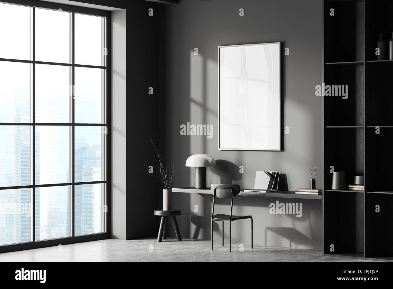 Corner of stylish home office with gray walls, concrete floor, wooden ...