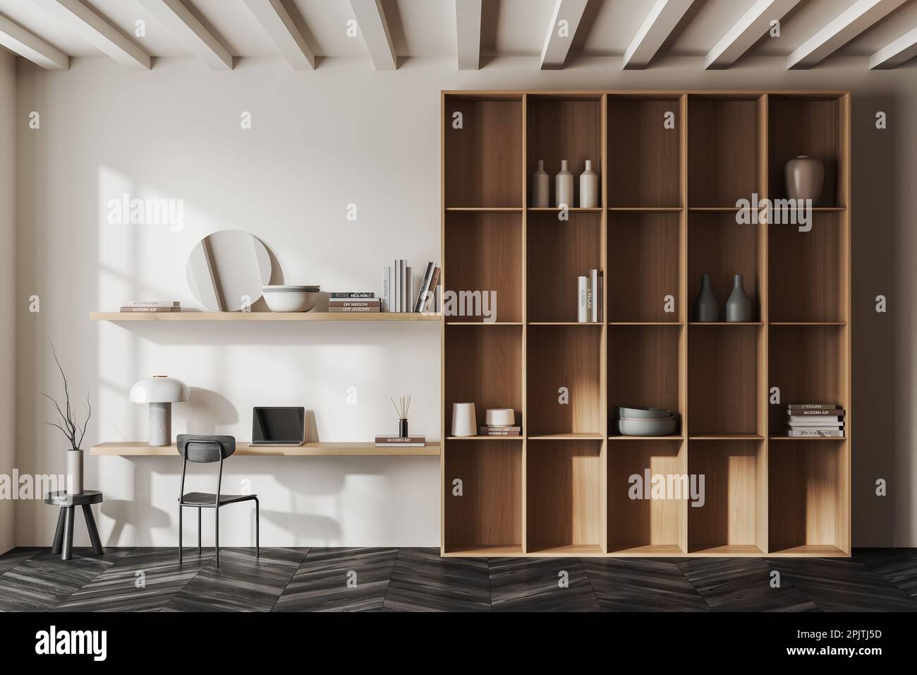 Modern home workplace interior with laptop computer on desk, shelf with ...