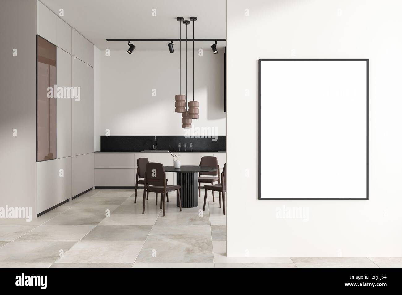 White home kitchen interior with dinner table, chairs and shelves with ...