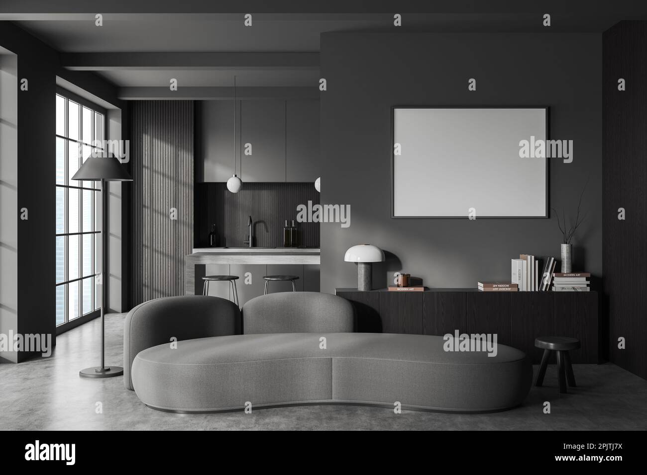 Cozy home studio interior with sofa and kitchen on background. Lounge ...