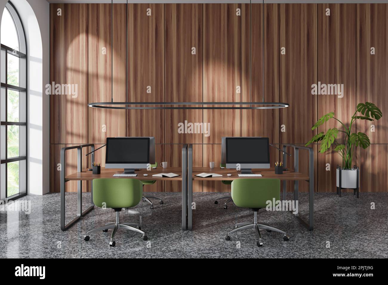 Modern office interior with armchairs and pc computer on table, grey ...