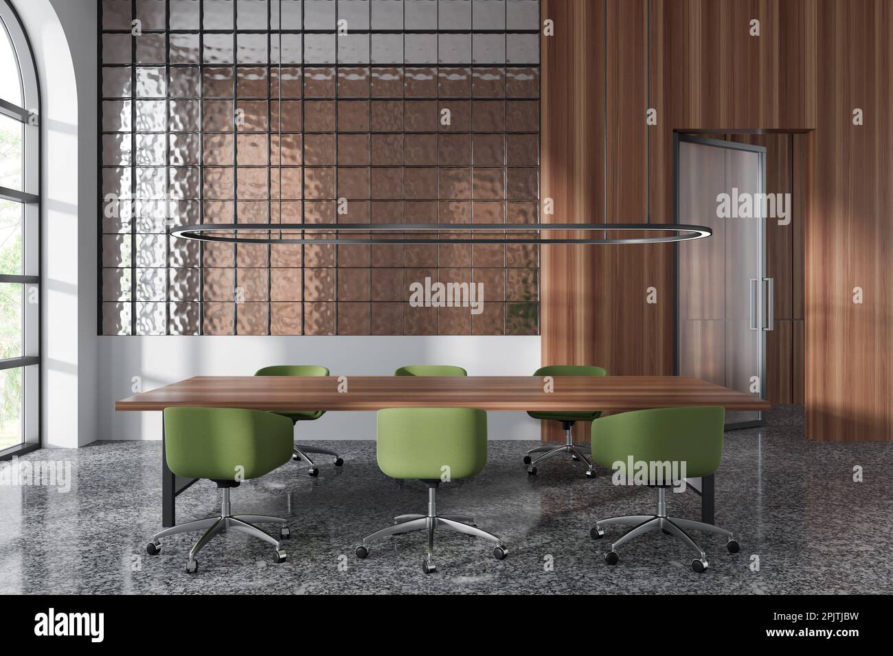 Interior of stylish meeting room with white and wooden walls, long ...