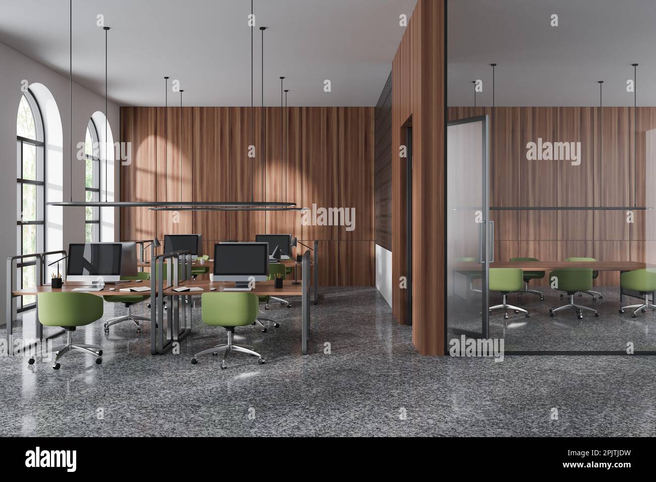 Wooden office interior with coworking and meeting room behind glass ...