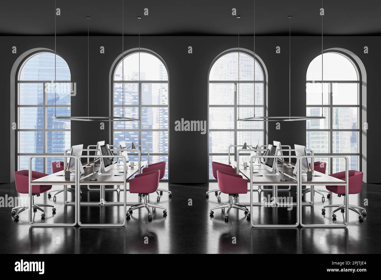 Dark office interior with armchairs and pc computer on desk in row ...