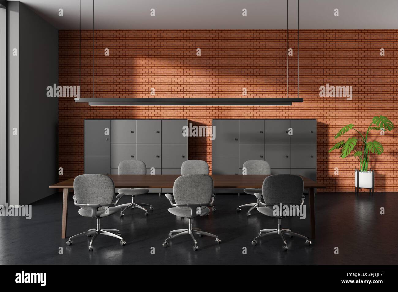 Brick wall office interior with meeting table, armchairs and shelves on ...