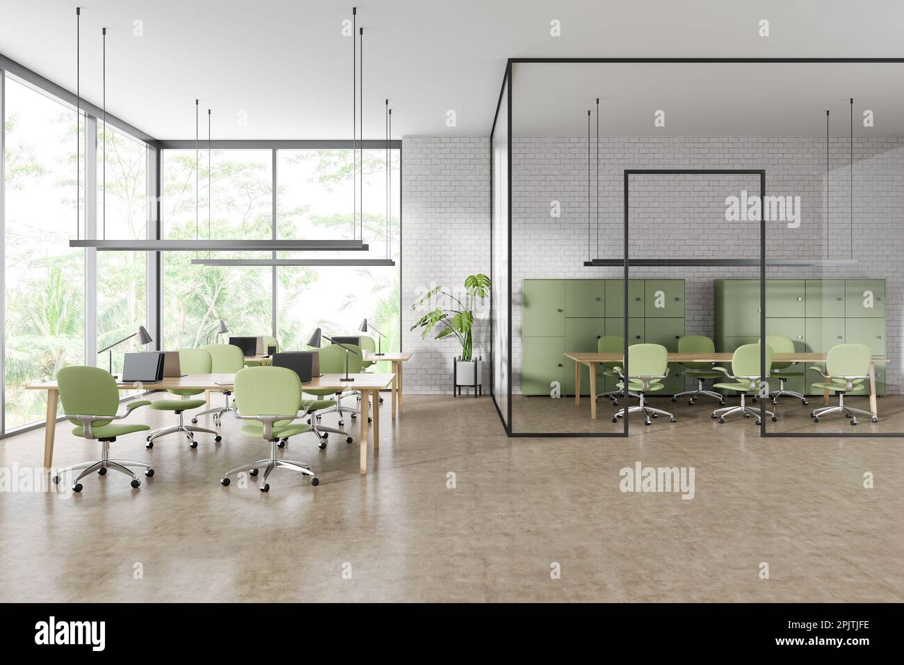 White brick office interior with coworking and meeting room behind ...
