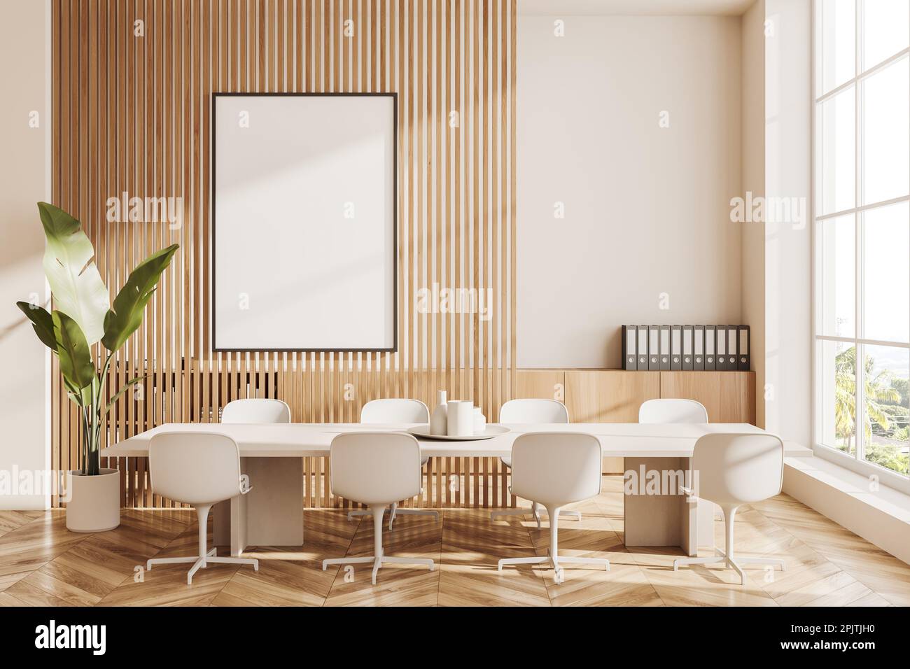 Interior of modern conference room with beige and wooden walls, wooden ...
