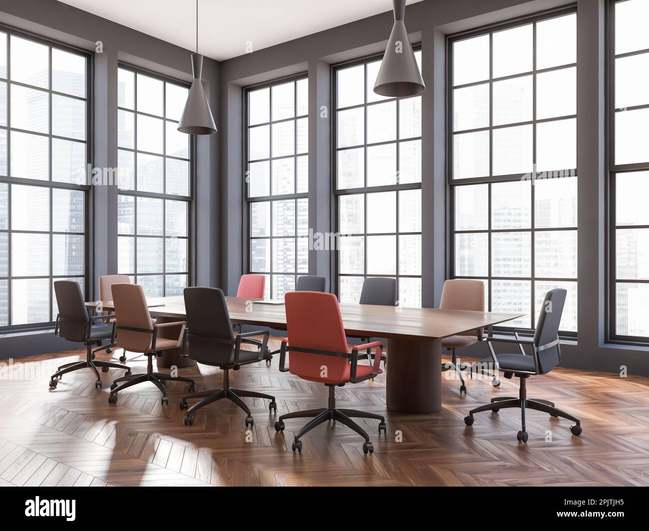 Modern business room interior with armchairs and wooden meeting table ...