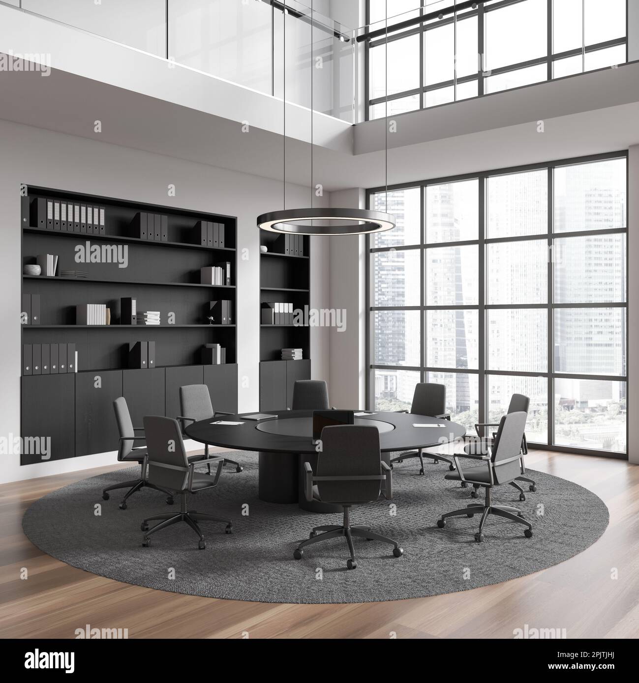 Interior of modern office conference room with white walls, wooden ...