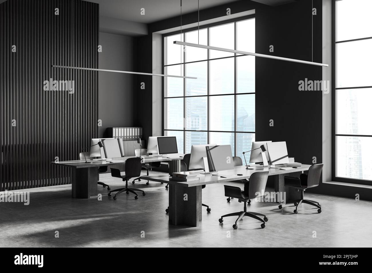 Dark business interior with armchairs and pc computer on desk, side ...