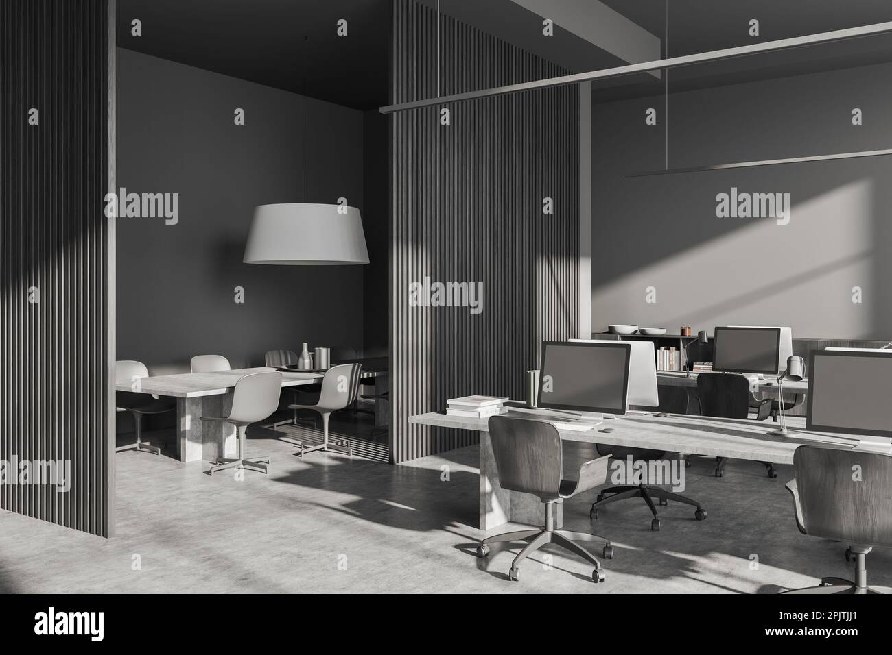 Dark business interior with coworking and meeting room behind partition ...