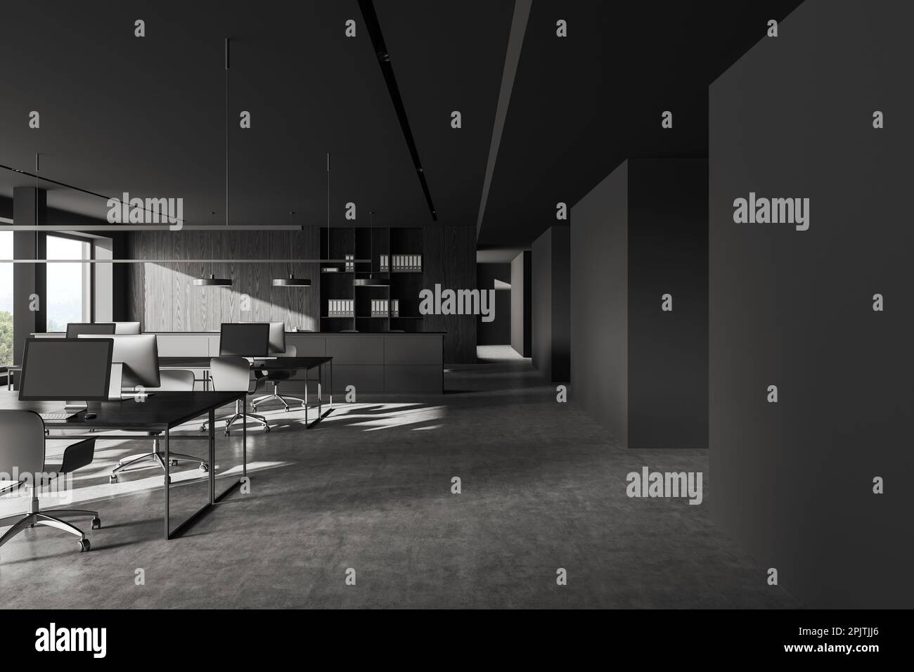 Dark office interior with coworking zone, row of desk with pc computer ...