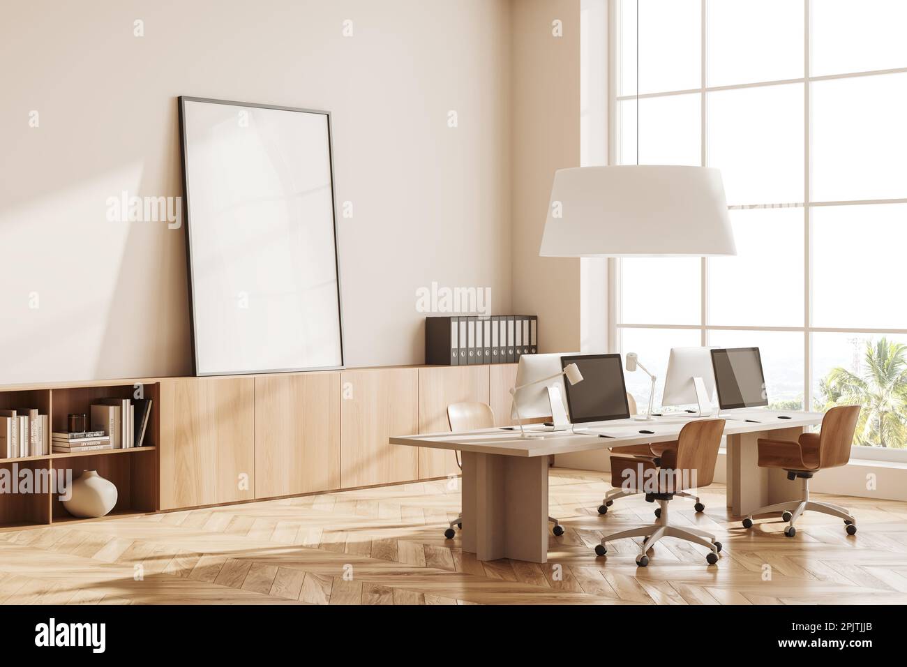 Beige office interior with armchairs, side view wooden desk with pc ...