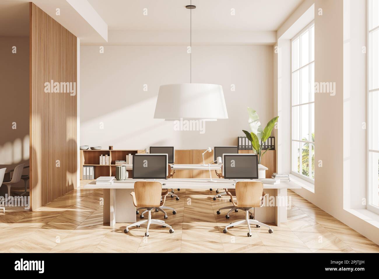 Modern office interior with armchairs and pc computer on desk, hardwood ...