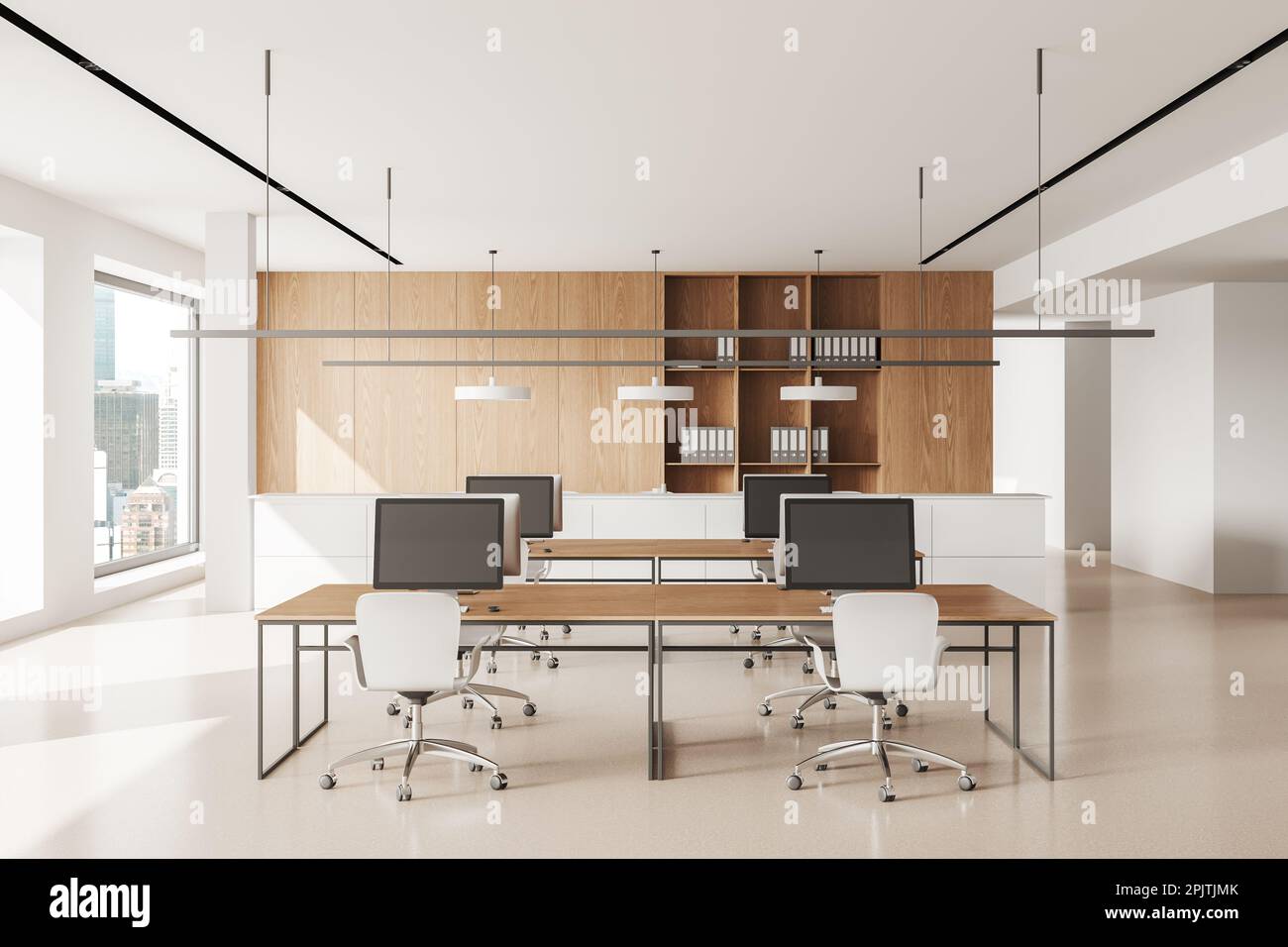 Interior of modern open space office with white and wooden walls ...
