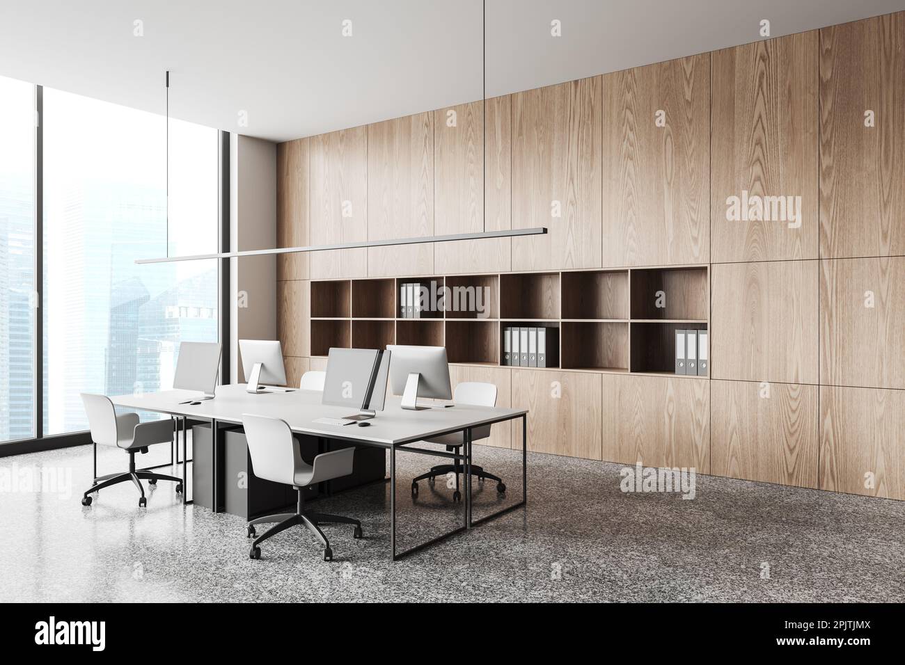 Cozy business interior with armchairs and pc computer on desk, side ...