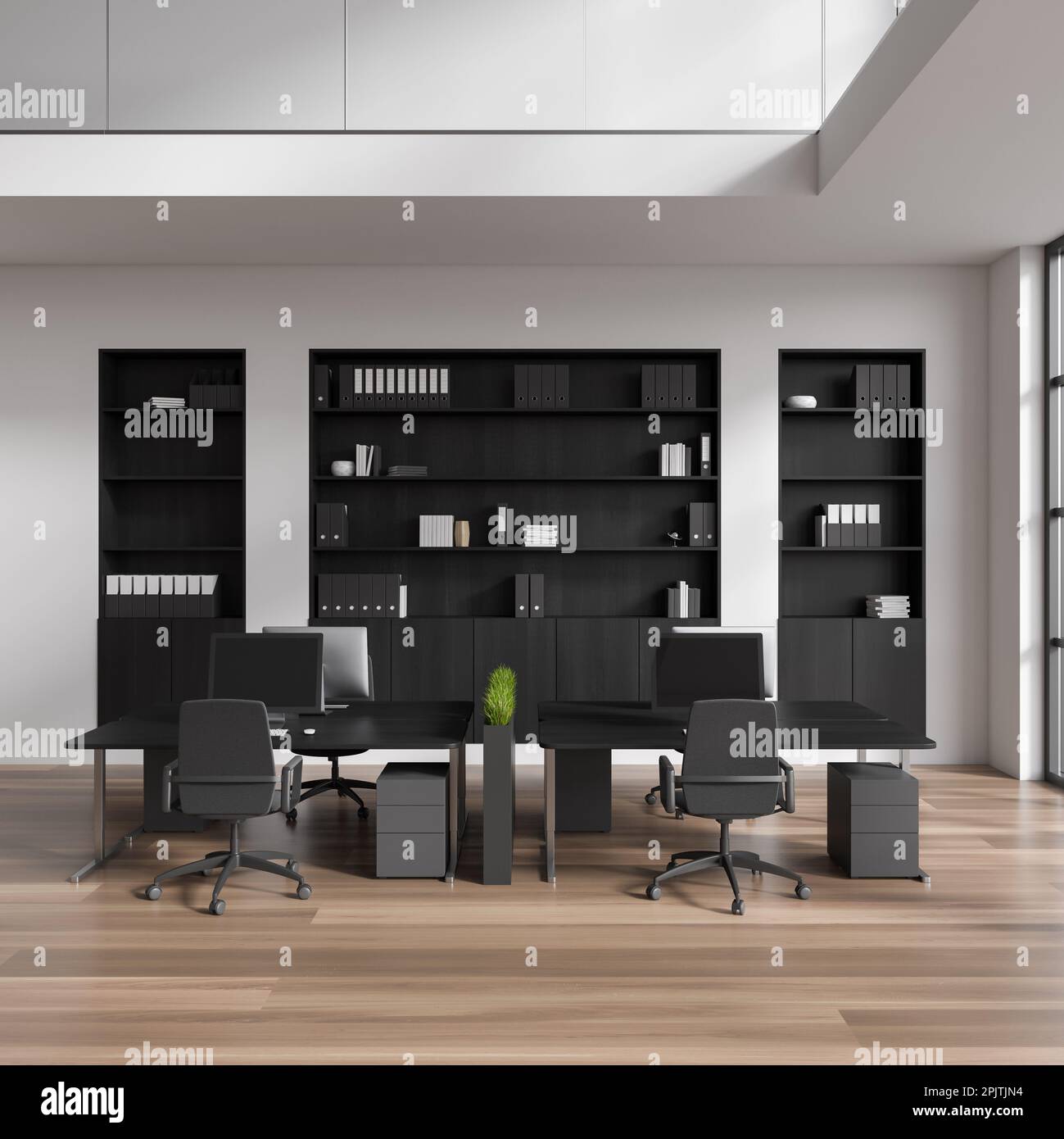 Modern office interior with pc computer on desk, shelf with documents ...