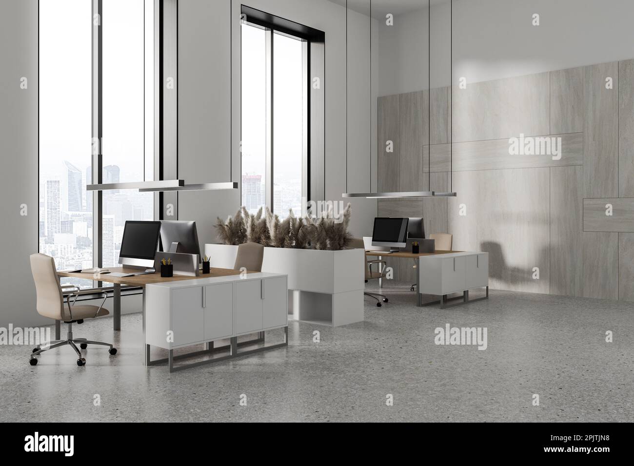 Cozy office interior with pc computer on desk, side view grey concrete ...