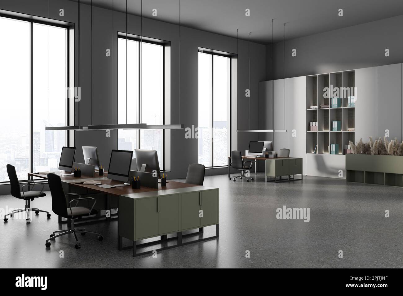 Dark business coworking interior with pc computer on desk, side view ...