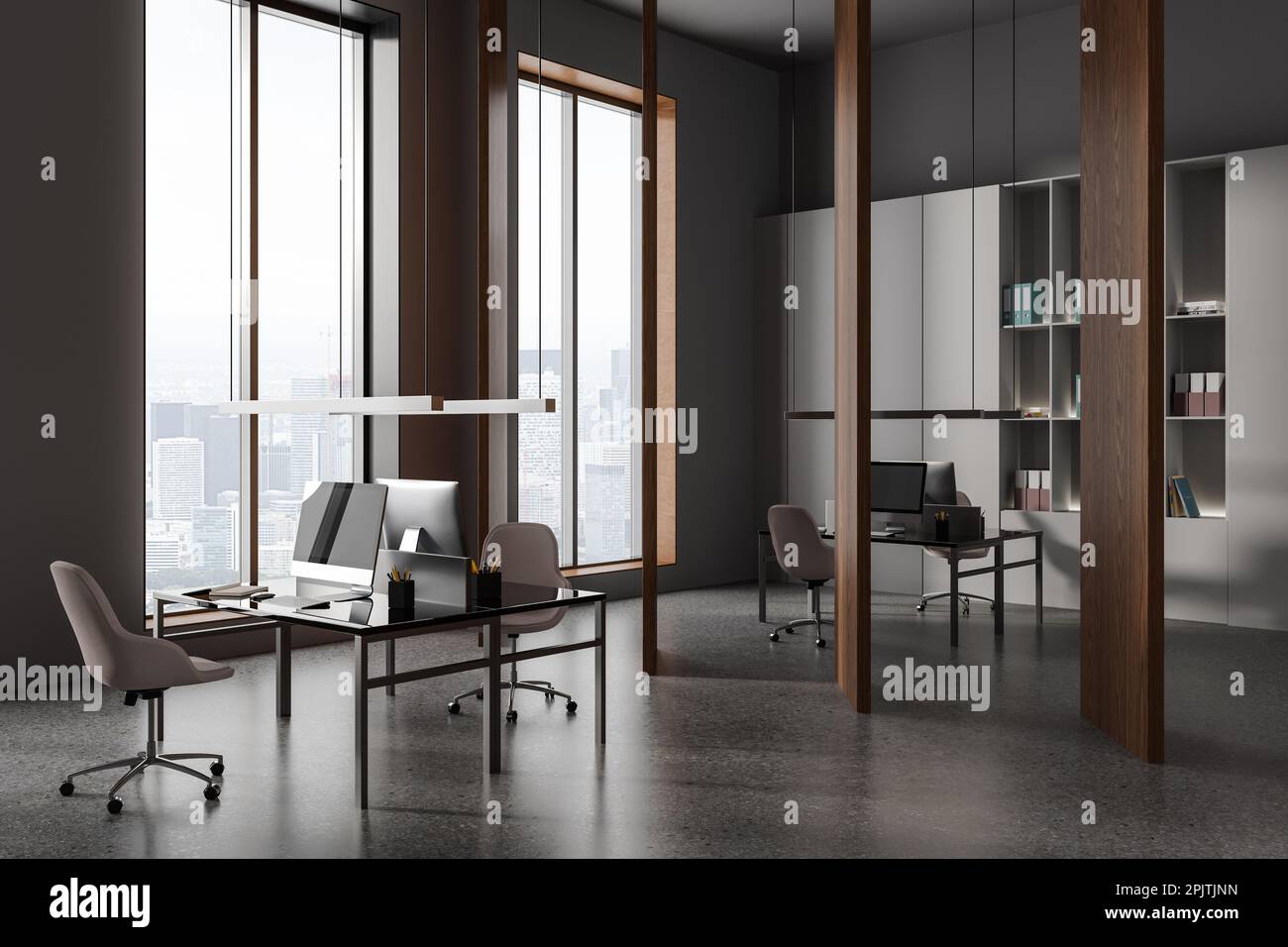 Corner of stylish CEO office with gray and wooden walls, concrete floor ...