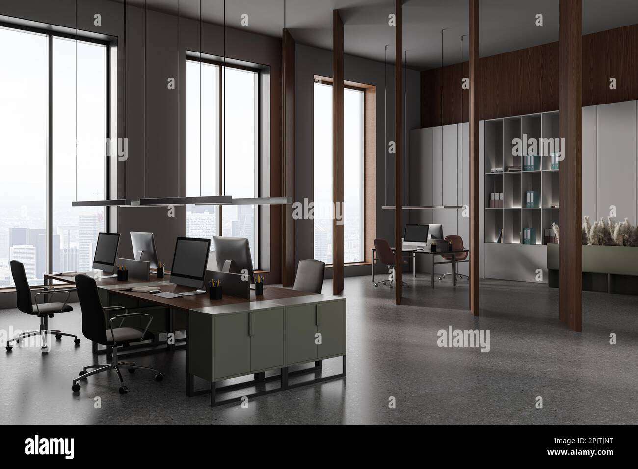 Modern coworking interior with armchairs and pc computer on desk in row ...