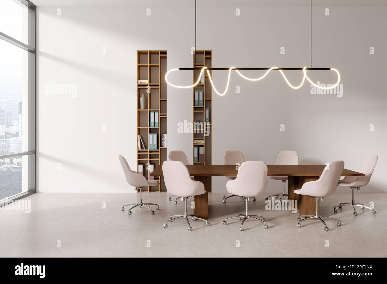 Interior of modern meeting room with white walls, concrete floor, long ...