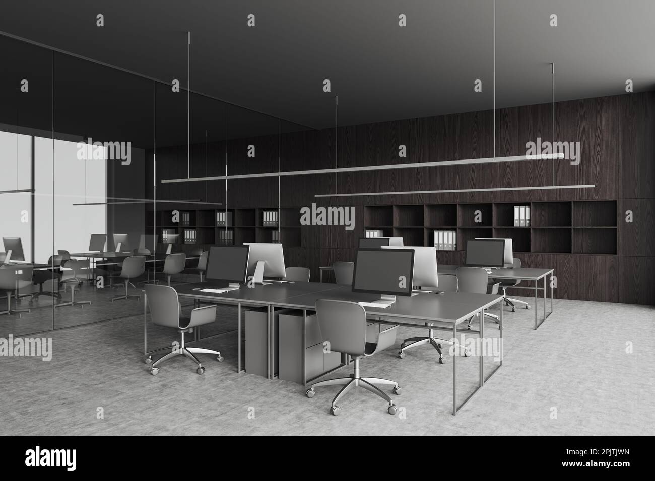 Dark office interior with coworking and meeting room behind glass doors ...