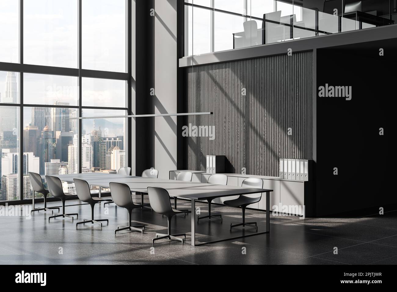 Interior of stylish meeting room with gray and wooden walls, long ...