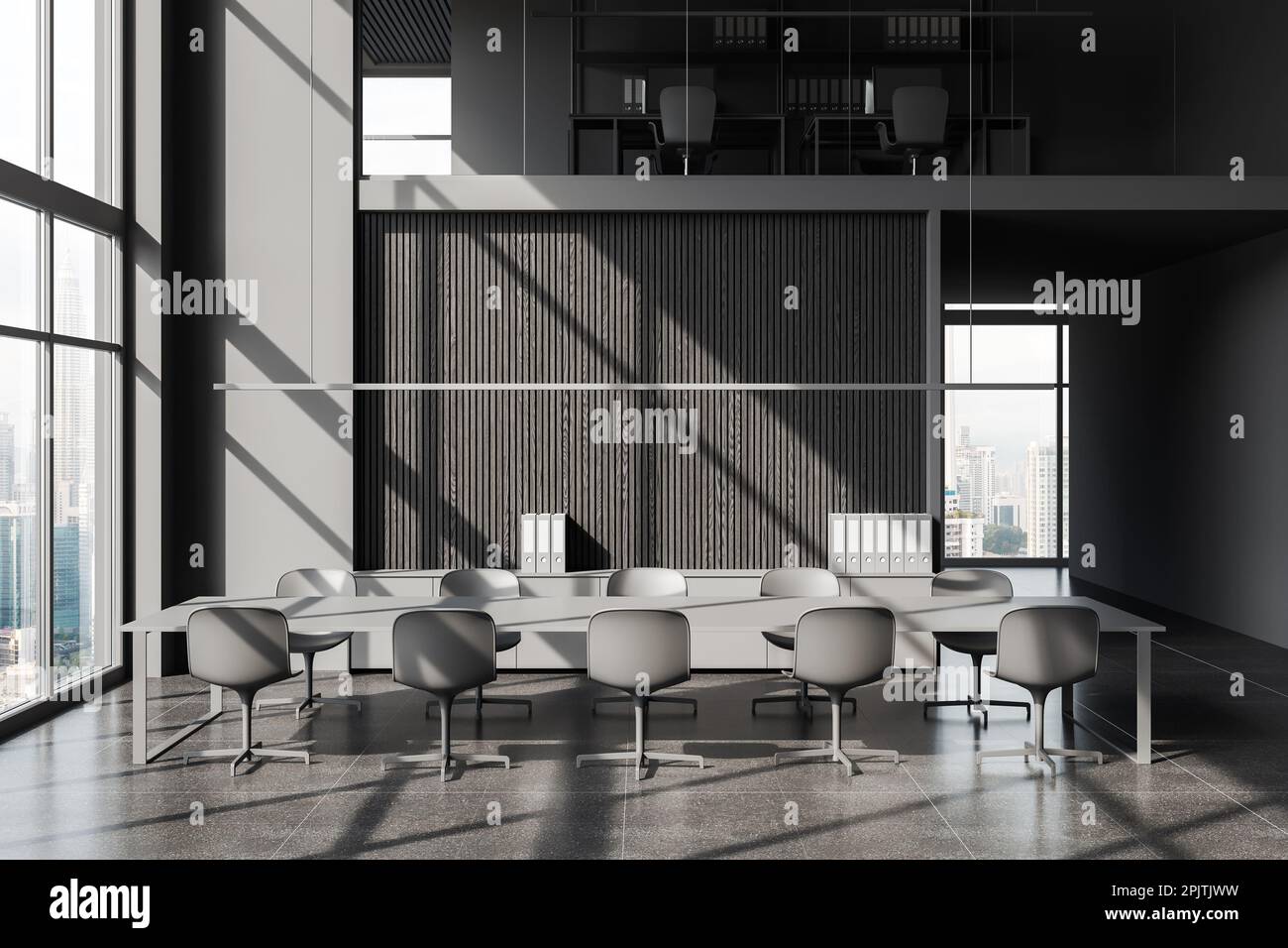 Dark business room interior with meeting board and chairs, tile grey ...