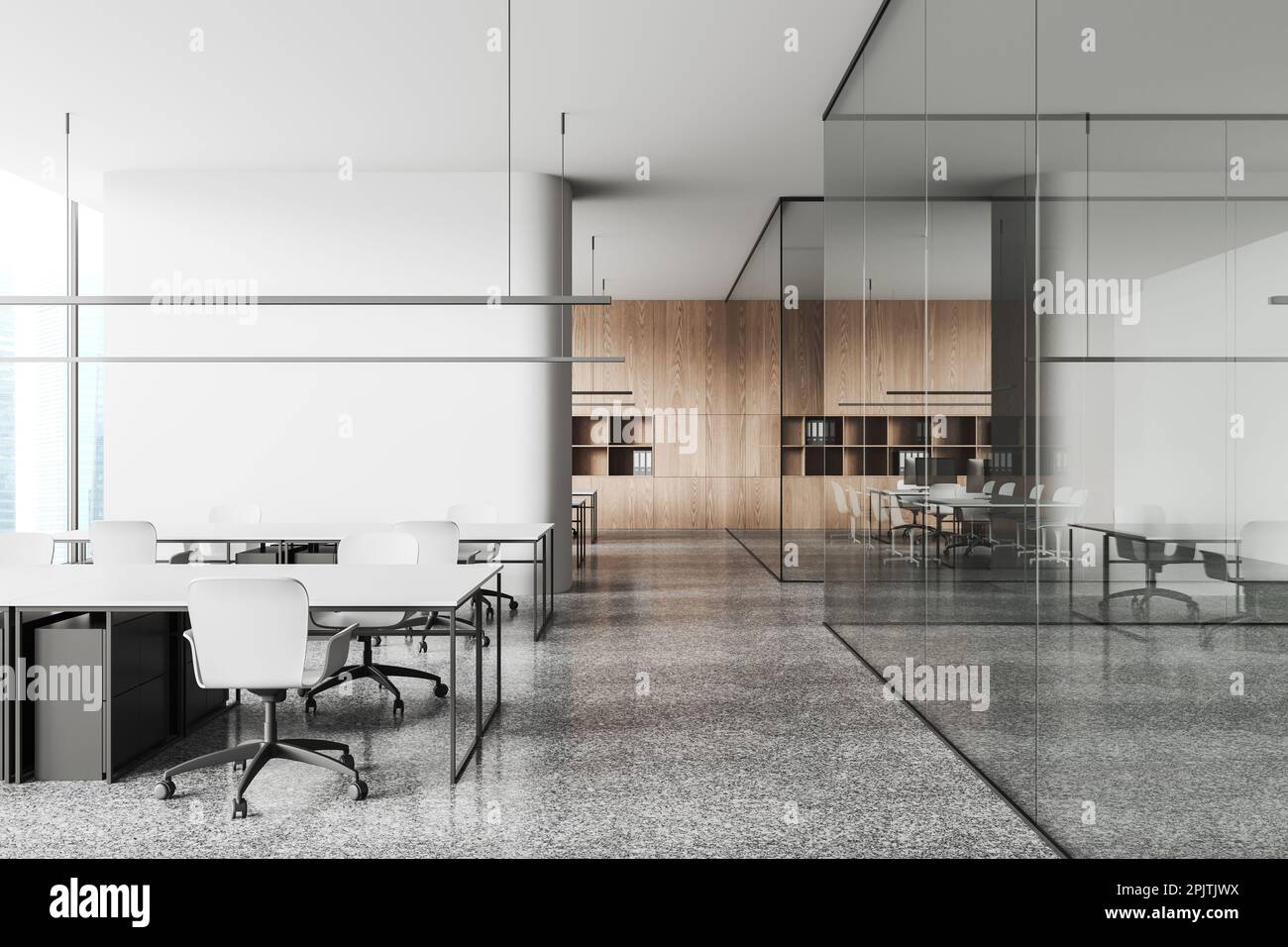 White business interior with coworking and conference room behind glass ...
