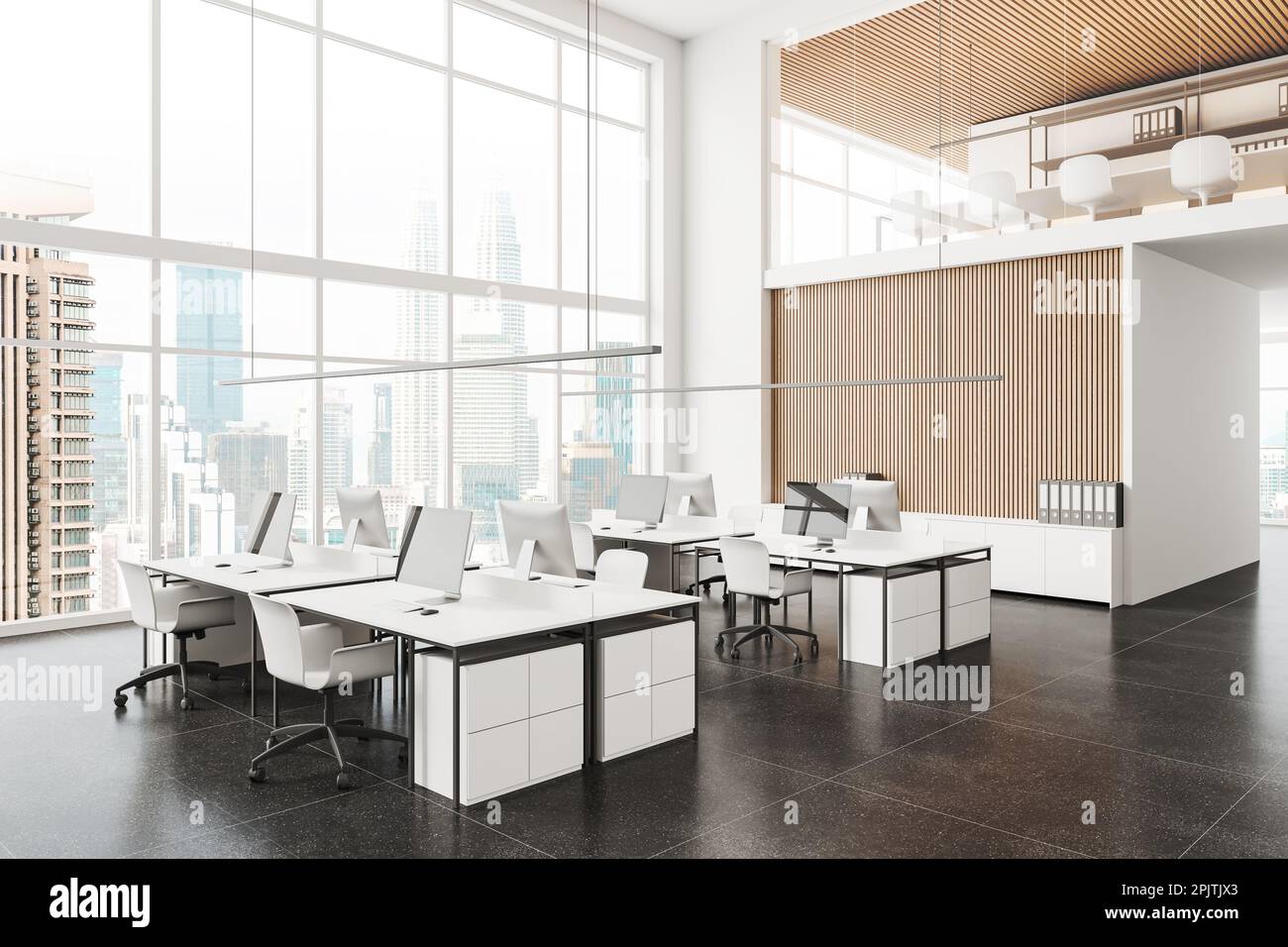 White office interior with armchairs and pc computer in row, two-storey ...