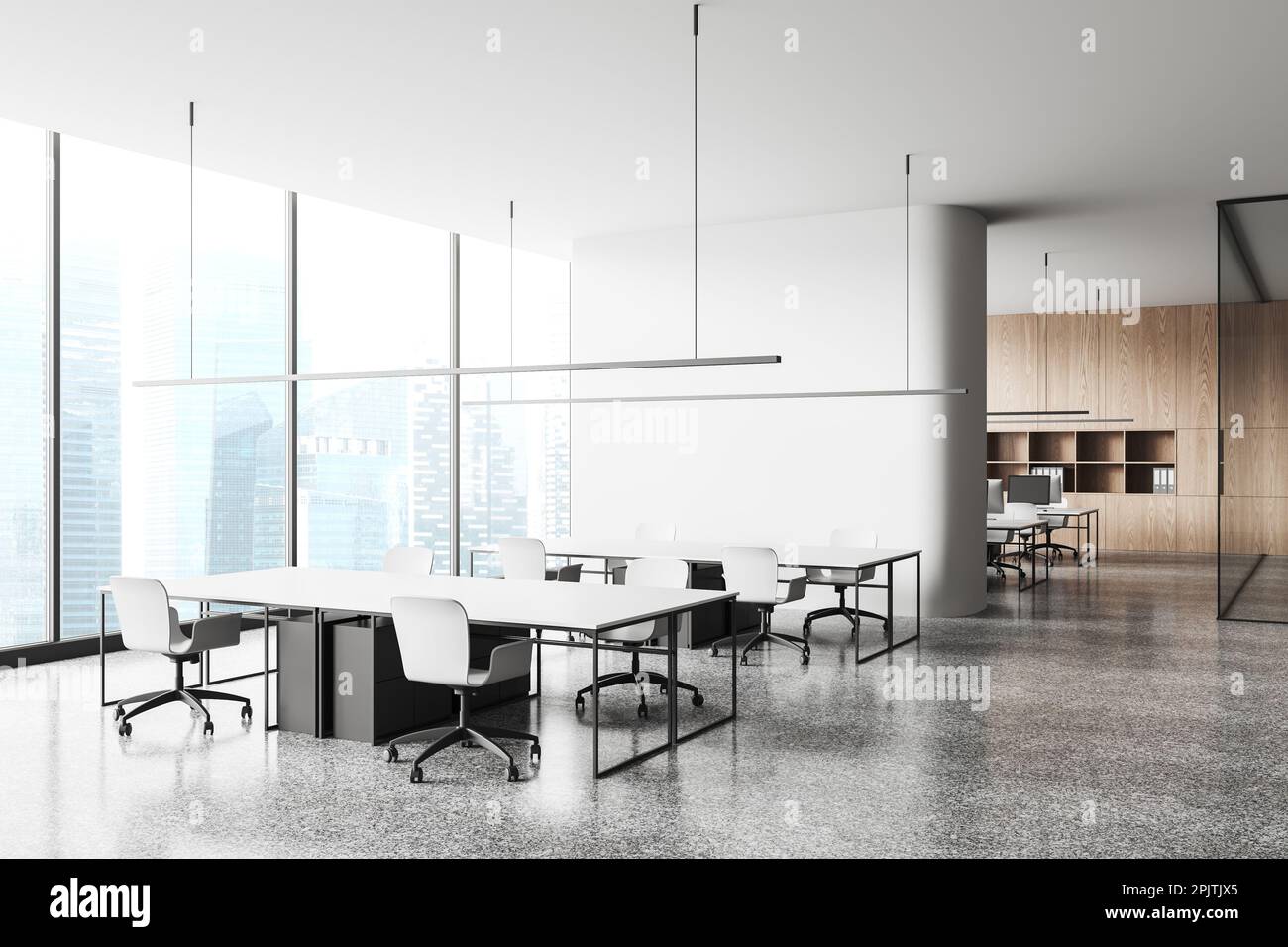 Stylish office interior with shared table and chairs, side view ...
