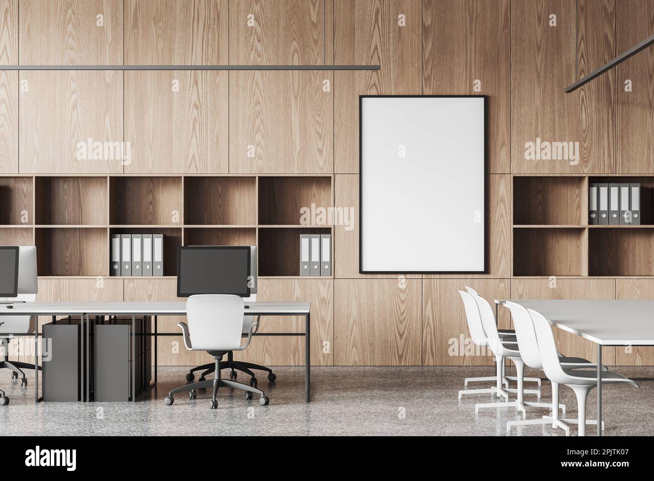 Wooden office interior with modern furniture and pc computer. Coworking ...