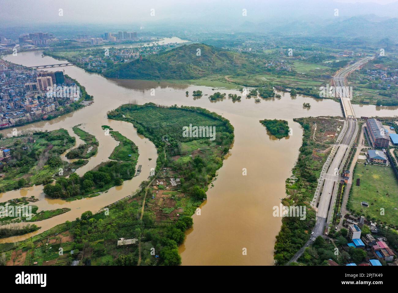 GUILIN, CHINA - APRIL 4, 2023 - Aerial photo shows flood waters slowly ...