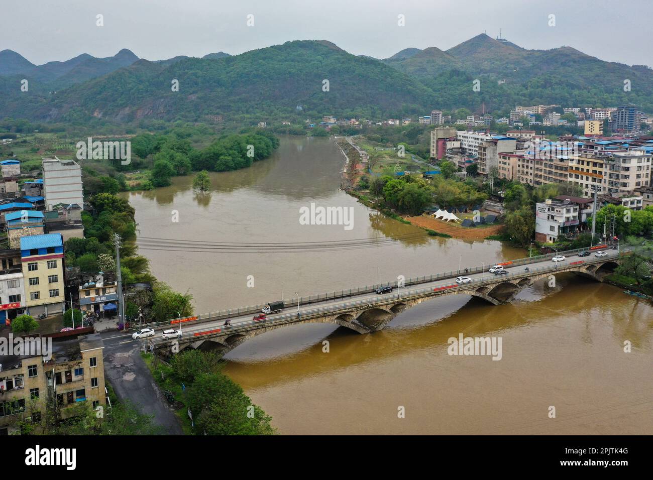 GUILIN, CHINA - APRIL 4, 2023 - Aerial photo shows flood waters slowly ...