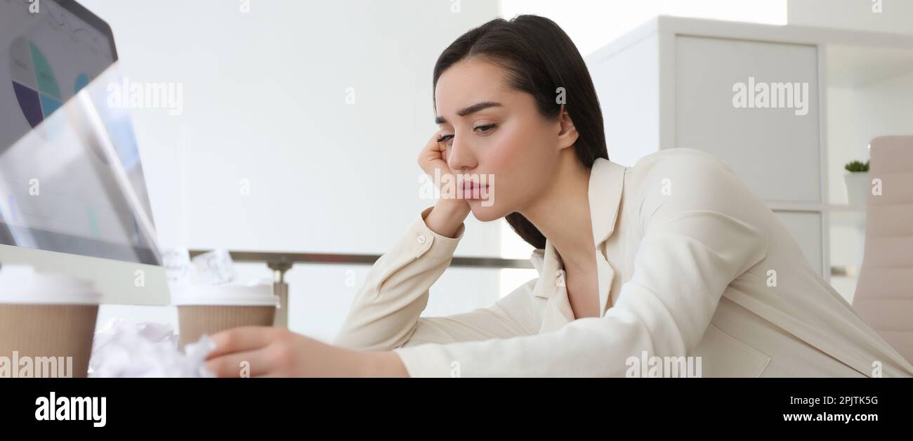 Tired businesswoman stressing out at workplace in office. Banner design ...