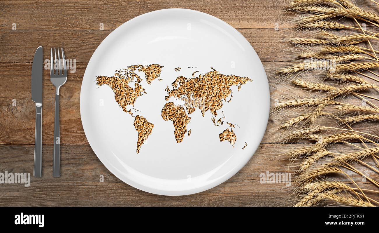 Global food crisis concept. World map made of wheat grains in plate ...