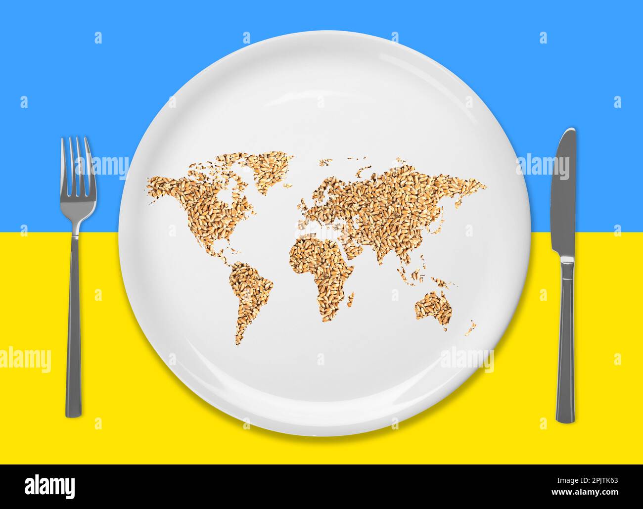 Global food crisis concept. World map made of wheat grains in plate and ...