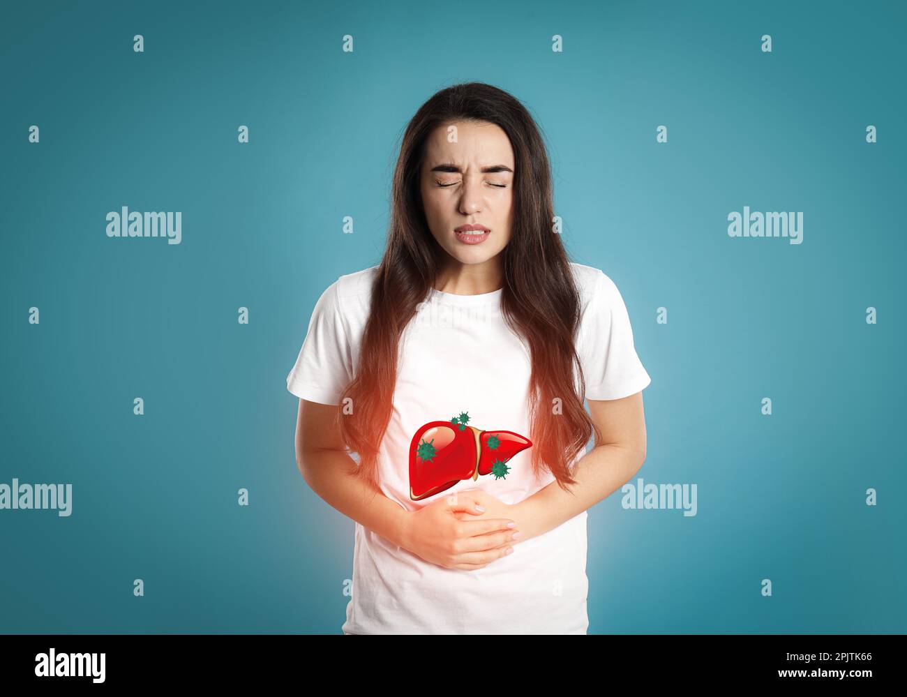 Sick woman suffering from pain and illustration of unhealthy liver on ...