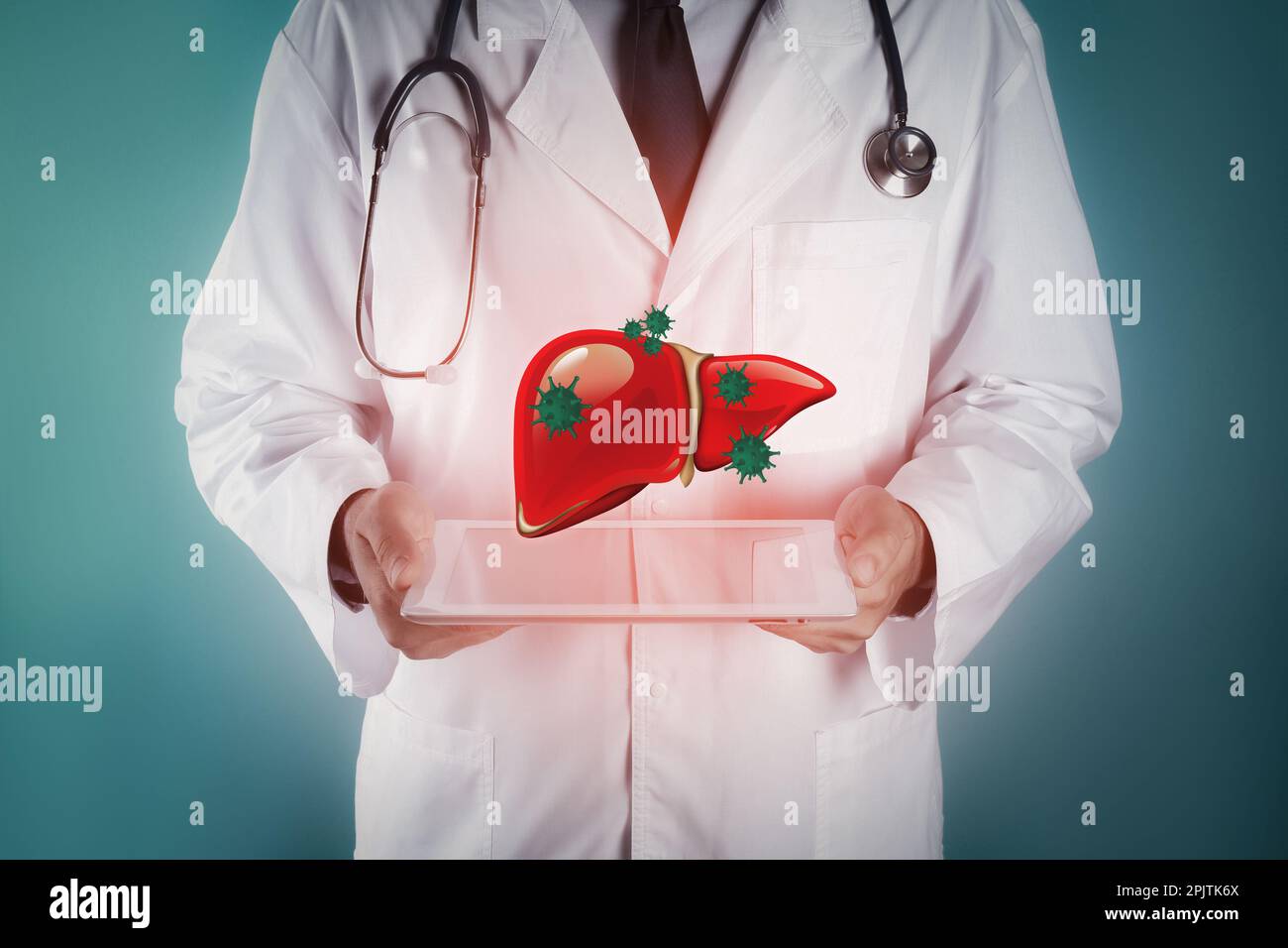 Doctor with tablet and illustration of unhealthy liver on color ...