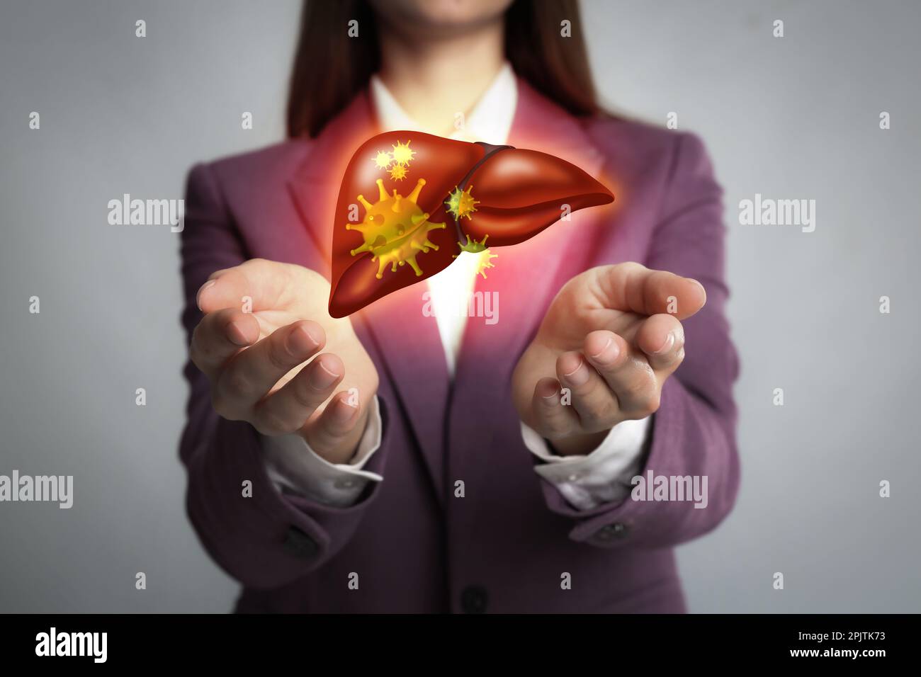 Woman and illustration of unhealthy liver on light grey background ...