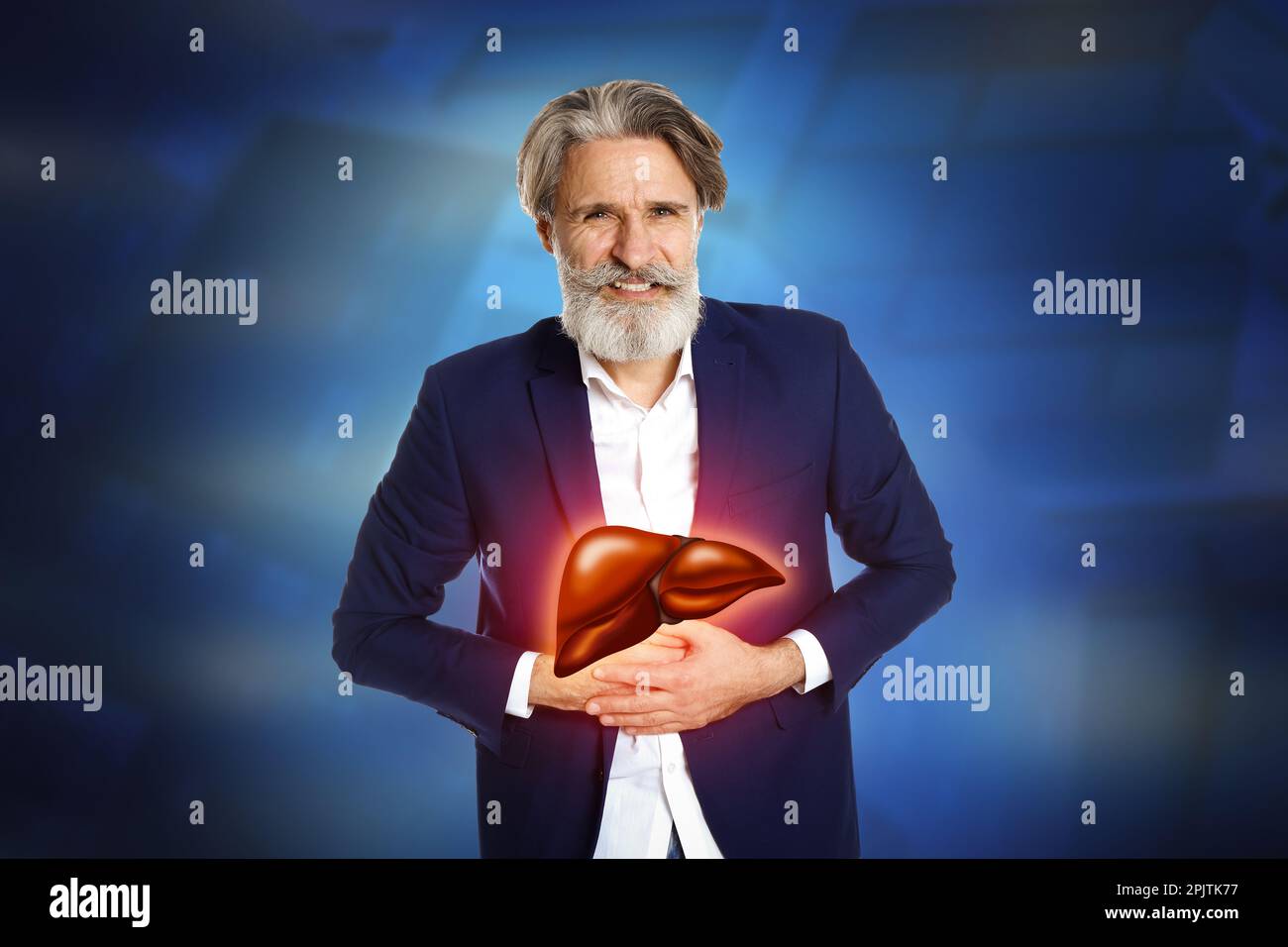 Sick mature man suffering from pain and illustration of inflamed liver ...