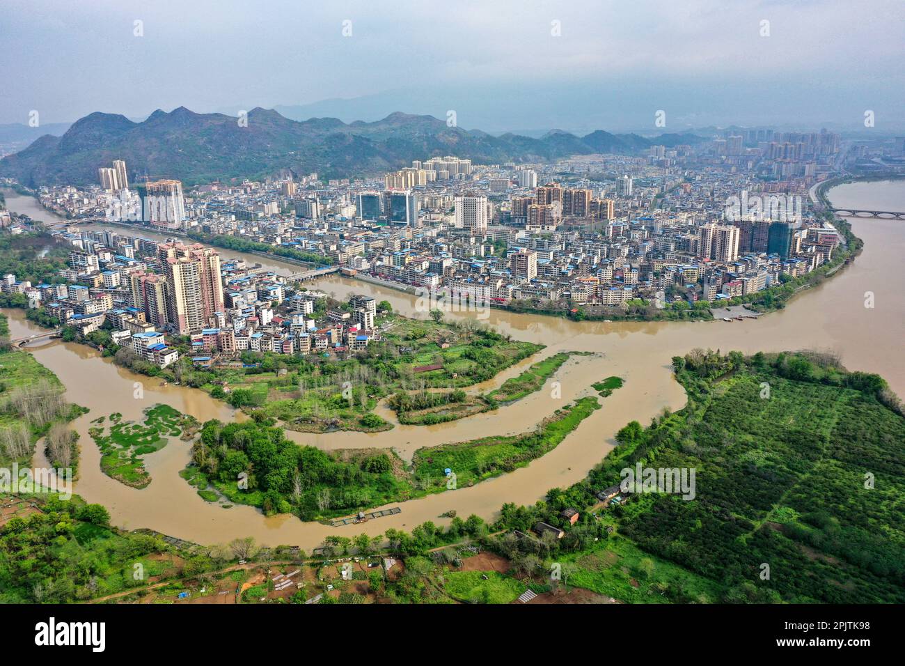 GUILIN, CHINA - APRIL 4, 2023 - Aerial photo shows flood waters slowly ...