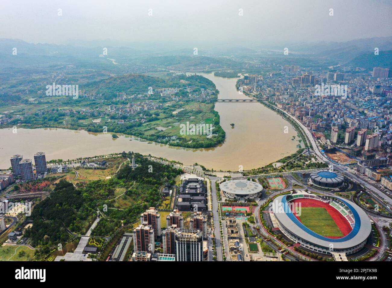 GUILIN, CHINA - APRIL 4, 2023 - Aerial photo shows flood waters slowly ...