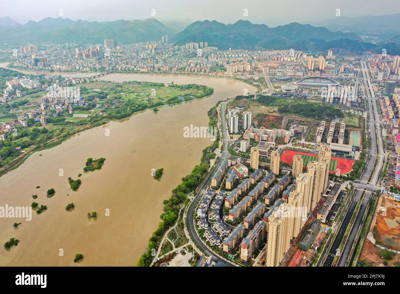 GUILIN, CHINA - APRIL 4, 2023 - Aerial photo shows flood waters slowly ...