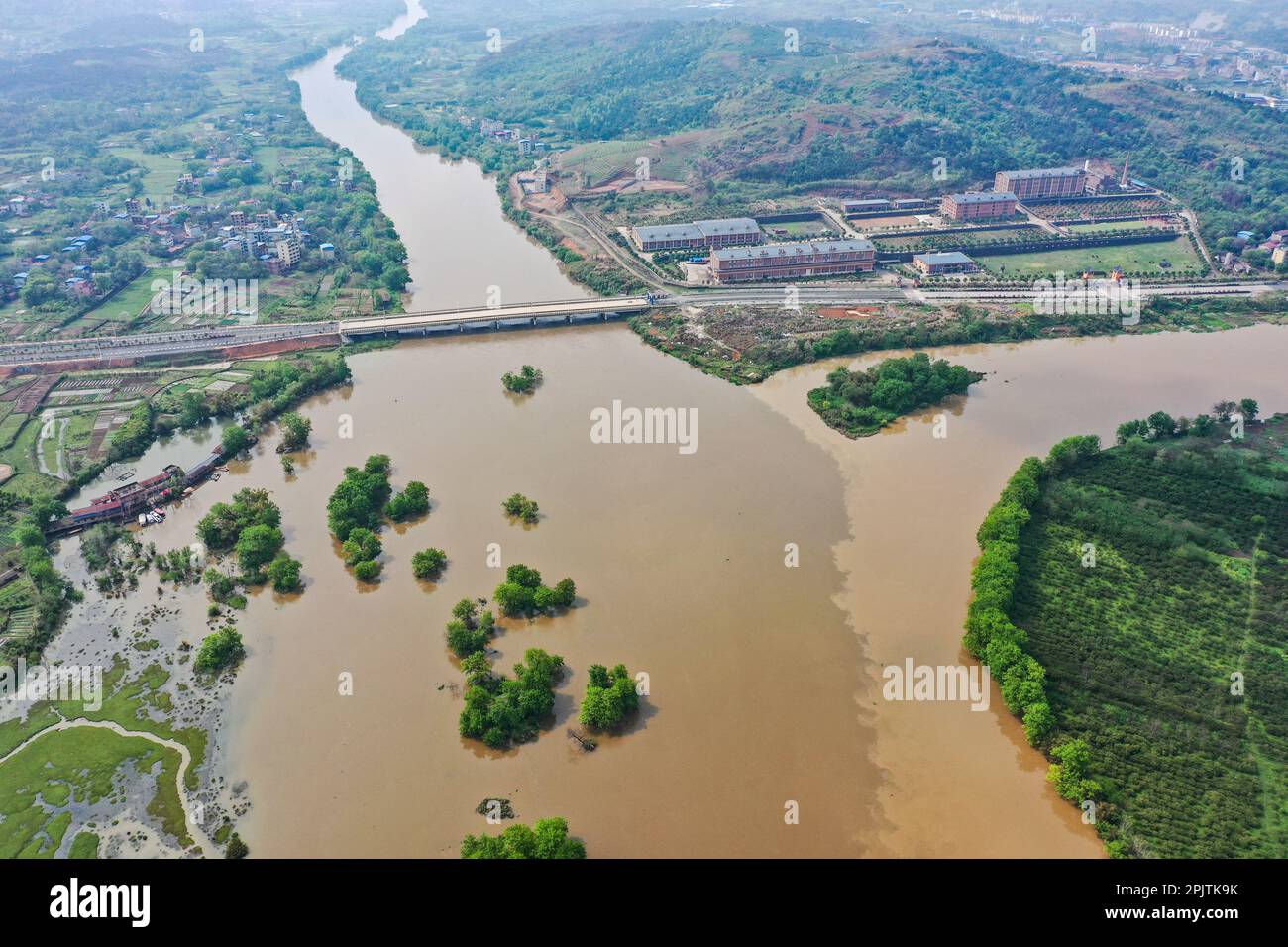 GUILIN, CHINA - APRIL 4, 2023 - Aerial photo shows flood waters slowly ...
